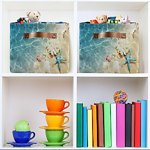 HMZXZ Starfish Beach Nautical Storage Basket Bin Ocean Seashell Large Fabric Toys Storage Cube Box with Handles Closet Collapsible Shelf Cloth Organizer Basket for Nursery Bedroom