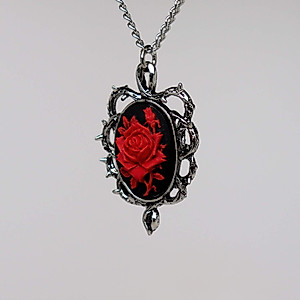 Gothic Red Rose Cameo In Thorns Pendant Necklace