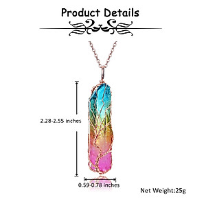 PESOENTH Life Tree Rainbow Quartz Crystal Gemstone Reiki Healing Rock Raw Stone Chakra Pendant Necklace Women Rose Gold Wire Wrap Gemstone Necklace Jewelry Gifts