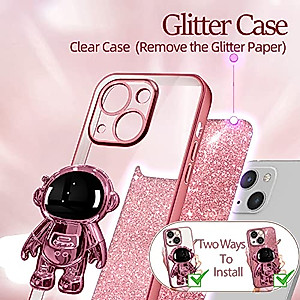 Buleens for iPhone 13 Mini Case Astronaut, Clear Cases for iPhone 13 Mini with Glitter Paper & Spaceman Stand, Women Girls Cute Electroplated Sparkly Space Phone Cover for 13 Mini
