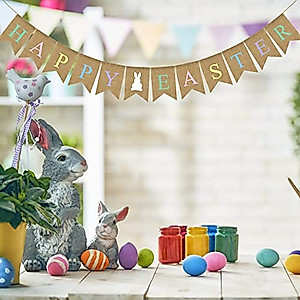 Doumeny Happy Easter Burlap Banner Easter Bunny Rabbit Bunting Garland Colorful Happy Easter Banner Bunting with White Rabbit Spring Easter Party Banner for Mantle Fireplace Wall Door Party Supplies