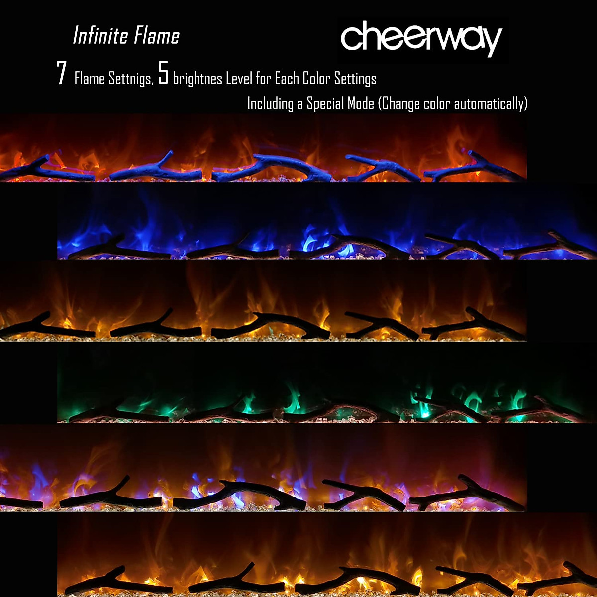 Cheerway 42 Inch Electric Fireplace, Recessed Fireplace Insert and Wall Mount Fireplace Heater with Remote & Touch Control, Adjustable Flame Color & Brightness, Log Set & Crystals, Child Lock & Timer