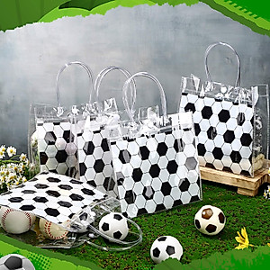 Sweetude 24 Pieces Soccer Gift Bags with Handles 8x8x3.15 Inch Soccer Party PVC Treat Bags Soccer Clear Favor Bags Sports Theme Birthday Party Favor Bag Bulk for Sports Party Competition