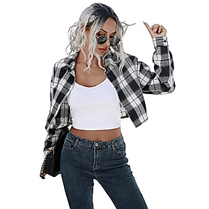 SweatyRocks Women's Cute Color Block Long Sleeve Crop Tops Plaid Button Down Blouse White Black Plaid L