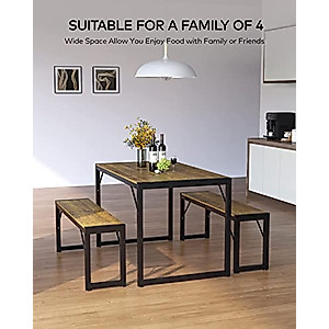 Dining Table Set for 4, 4 Seat Dining Room Table Set, 3 Piece Kitchen Table Set, Rectangular Table Set, Wood Modern Table and Bench Set, 45.5 x 30.4 x 30.4 inch, Metal Frame and MDF Board (Retro)