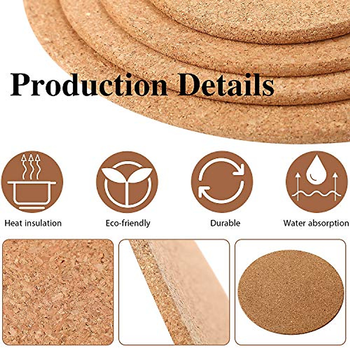 Cork Coasters Cup Trivets Wooden Thick Drink Round Absorbent Blank Cork Base Mat for Wine Glasses Home Bar Kitchen Restaurant Cafe Wedding Party Supplies, 1/4 Inch Thickness, 4 Sizes (12 Pieces)