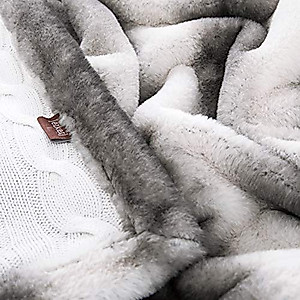 Cable Knit Sherpa Oversized Throw Reversible Blanket Faux Sheepskin Lined Cozy Cotton Blend Sweater Knitted Afghan in Grey White or Turquoise Blue (White Chinchilla)