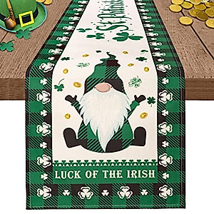 St Patricks Day Table Runner Lucky Clover Shamrocks Table Runners 72 Inches Long, Buffalo Plaid Gnome Burlap Holiday Kitchen Dining Table Decor for Home Party (Gnome Table Runner, 13" x 72")