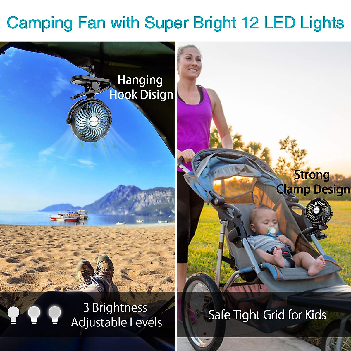 Battery Operated Clip On Camping Fan with LED Lights, Mini Desk Fan Rechargeable 2200mAh with 3 Level Air Flow, Portable Personal Fan for Baby Stroller Camping Home Office Travel Indoor Outdoor