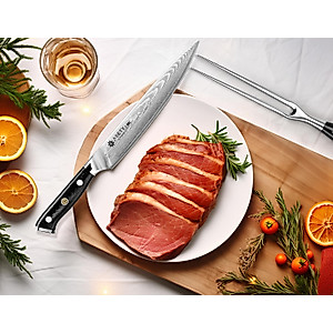 ASETY Carving Knife Set, Damascus Carving Knife and Fork Set, 2 PCS Carving Set for Turkey, Meat, BBQ, Brisket, Full Tang Slicing Knife with Elegant Box, G10 Handle