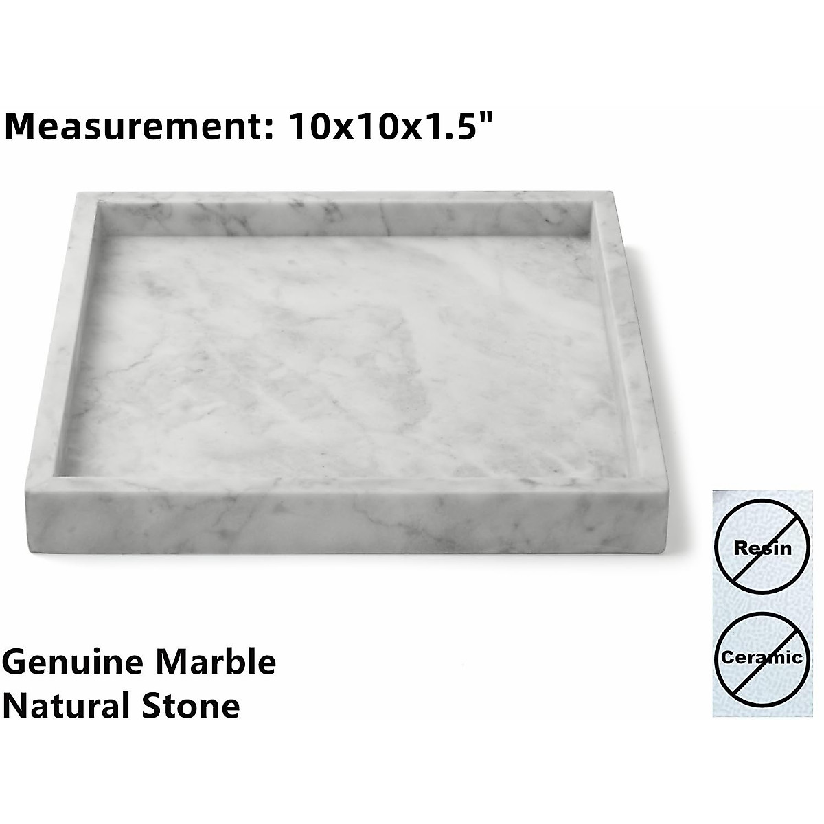 Moreast Real Marble Tray for Bathroom Kitchen, Genuine Natural Stone Decorative Tray on Vanity Dresser Nightstand Desk, 10 x 10 (Grey)