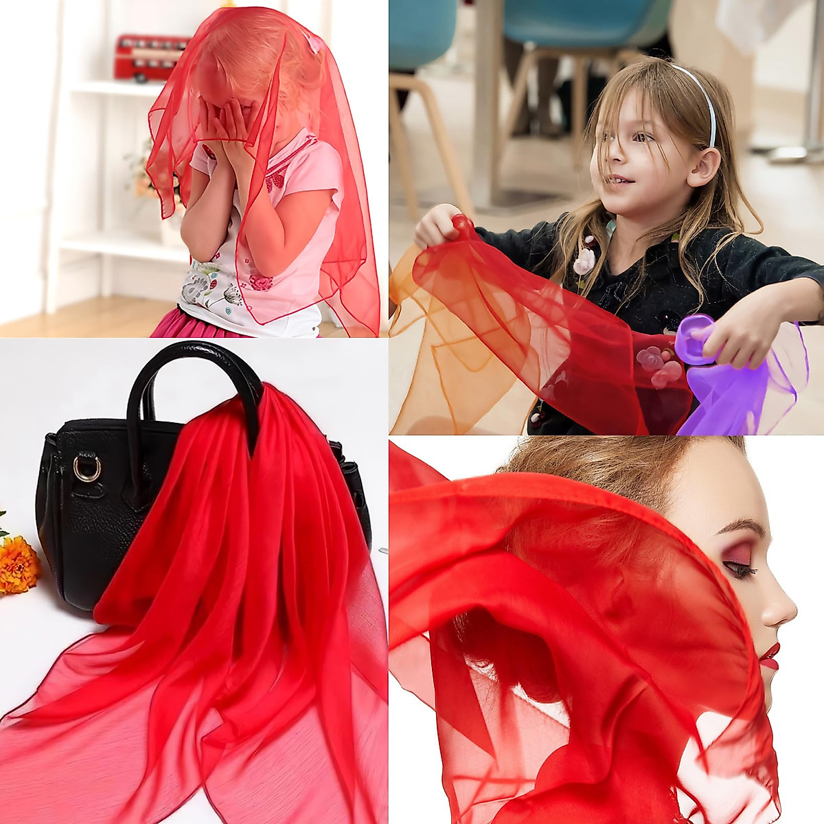 Lolakee Dance Scarves 12 Pcs Juggling Scarves for Kids Play Silk Scarve for Babies Toddlers Children Movement Learning Education Musical Accessories Colorful Scarfs Magic Tricks Performance (Red)