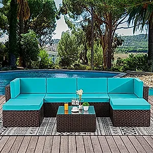Walsunny 7 Pieces Patio Outdoor Brown Rattan Furniture Conversation Sets, All Weather Sectional Sofa Manual Weaving Wicker with Washable Couch Cushion & Tea Table (Blue)