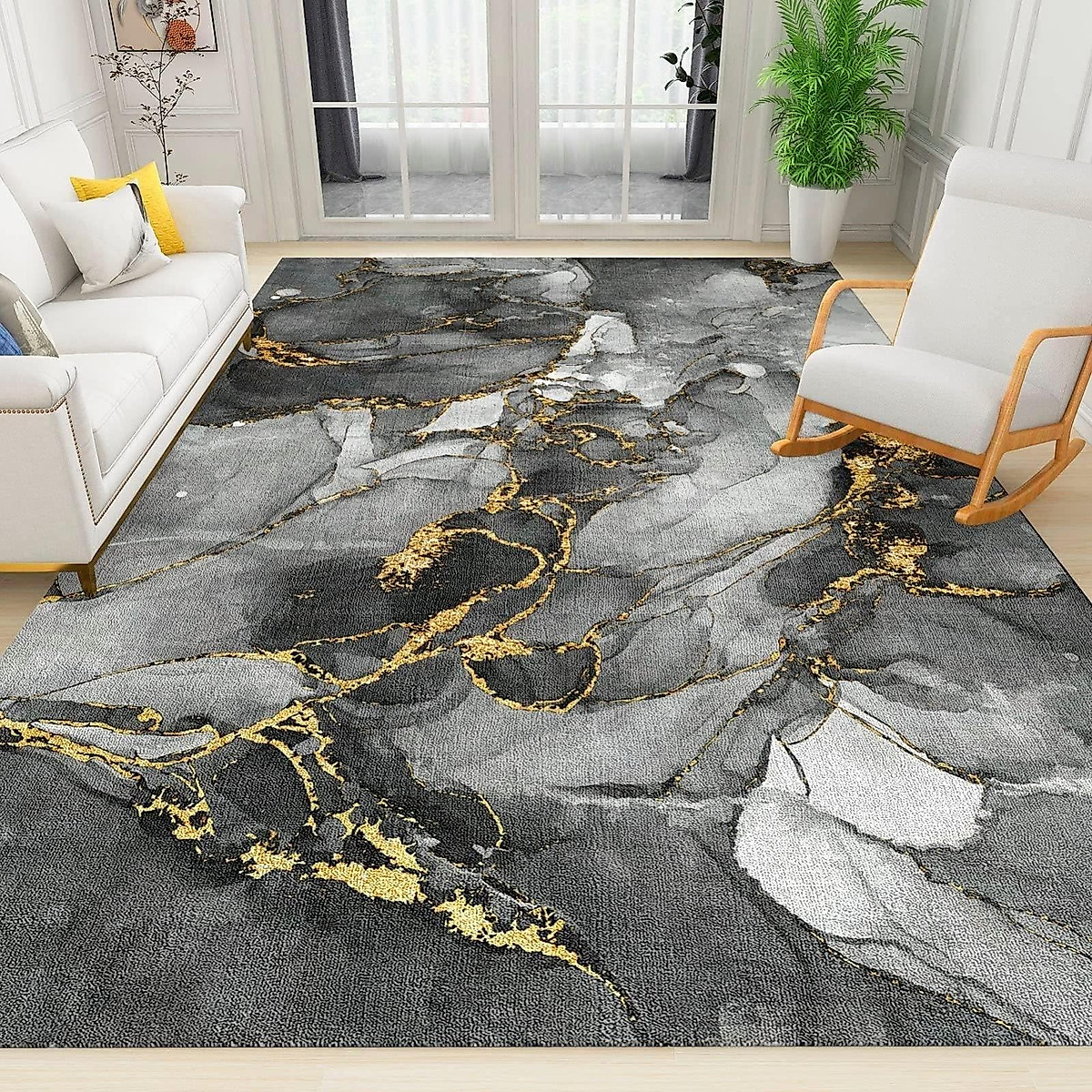Modern Abstract Golden Gray Marble with Cracks Area Rug, Nordic Minimalist Texture Decorative Rug, Non-Slip Foldable Suitable for Living Room Bedroom Dining Room Office 3ftx4ft