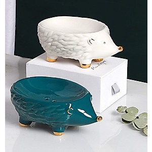 Ceramic Soap Dish with Drain, Hedgehog Toilet Soap Box, Ceramic Jewelry Tray, Funny Soap Storage Container for Shower Bathroom Kitchen Bathtub,White