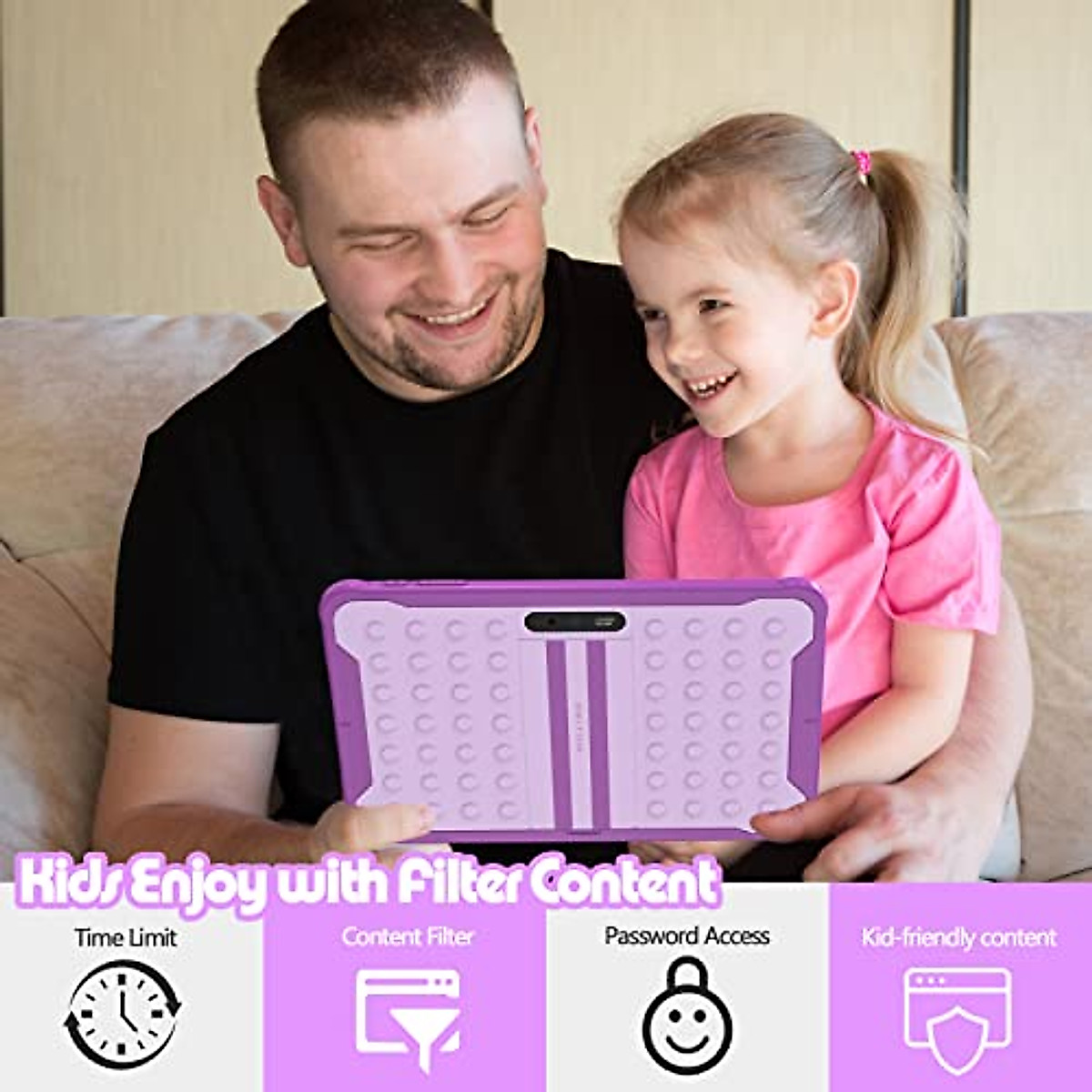 PRITOM Android 10 Go, 10 inch Kids Tablet, Parental Control, 6000mAh, 3G Phone Tablet, Quad Core Processor, 2GB RAM, 32GB ROM, HD IPS Screen, Google Play, YouTube, with Kids-Tablet Case(Purple)