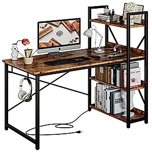 IRONCK Computer Desk 47" with Power Outlet & Storage Shelves, Study Writing Table with USB Ports Charging Station, PC Desk Workstation for Home Office, Rustic Brown