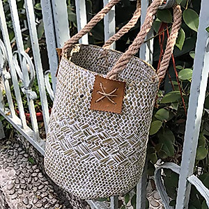 HANABASS Hanging Planters Hanging Flower Pot Multifunction Handmade Seagrass Braided Basket Flower Pot Desktop Storage Box Woven Laundry Basket(White Big) Hanging Indoor Planters Indoor Planter