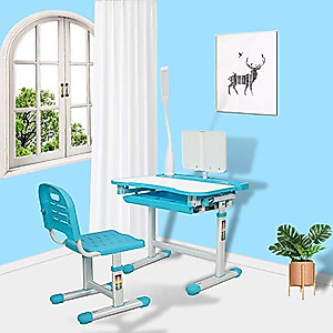 Gowxil Kids Study Desk and Chair Set, Multi Functional Height Adjustable Children School Study Desk with Tilt Desktop, Bookstand, LED Light, Metal Hook and Storage Drawer for Boys Girls, Blue