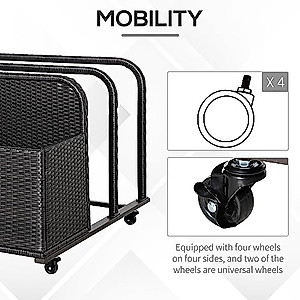 Outsunny Wicker Patio Poolside Float Storage Basket, PE Rattan Outdoor Pool Caddy with Rolling Wheels for Floaties, Noodles, Life Vests, Beach Balls, Toys, Brown