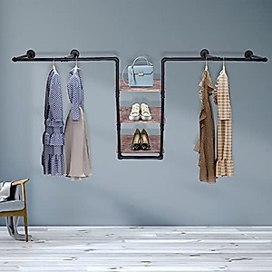 VPABES Wall Mounted Clothing Storage Rack 3 Tiers Industrial Pipe Rustic Garment Hanging Bar Space-Saving Wooden Shelves Book Plant Retail Display Shelf for Boutique Store