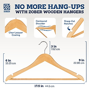 Zober Wooden Hangers 20 Pack - Non Slip Wood Clothes Hanger for Suits, Pants, Jackets w/ Bar & Cut Notches - Heavy Duty Clothing Hanger Set - Coat Hangers for Closet - Natural