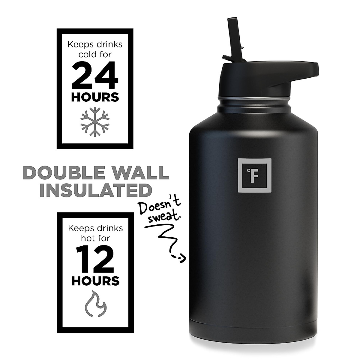 IRON °FLASK Camping & Hiking Hydration Flask, Wide Mouth, 3 Straw Lids, Stainless Steel Outdoor Water Bottle, Double Walled, Insulated Thermos, Metal Canteen - Midnight Black, 64 Oz