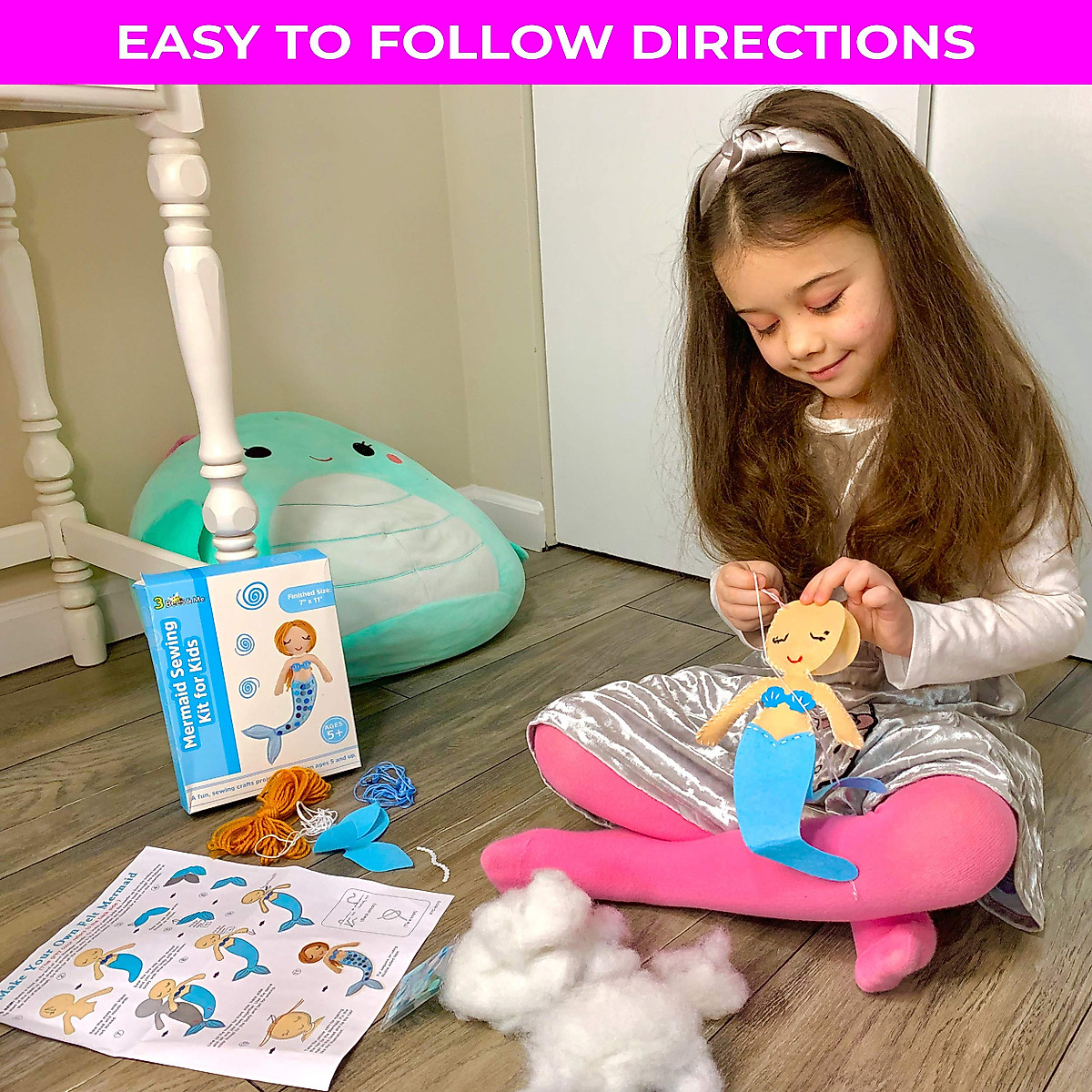 3 Bees & Me Mermaid Sewing Kit for Kids – Fun Mermaid Crafts for Girls and Boys – Complete DIY Doll Making Gift for Ages 7 to 15