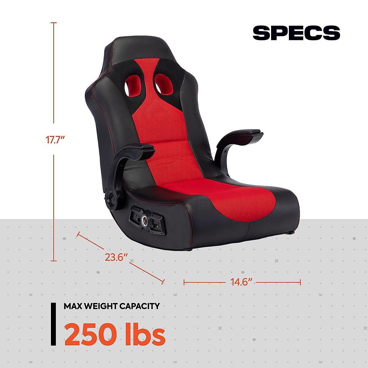 X Rocker Aspire 2.1 Race Car Seat Video Gaming Lounging Floor Chair, with Vibration Motors, Wireless Bluetooth Audio, 2 Speakers, Subwoofer, Padded Armrests, 5172801, 23.6" x 14.6" x 17.7", Black and Red