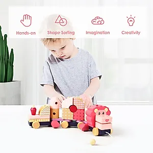 Toddler Montessori Toy, Wooden Block Train Set Stackable Building Blocks Toy Shape Sorter Toy Pink Lion Pull Toy for Baby Girl Ages 2 4 3 Years Birthday Gift Early Learning Educational Toy
