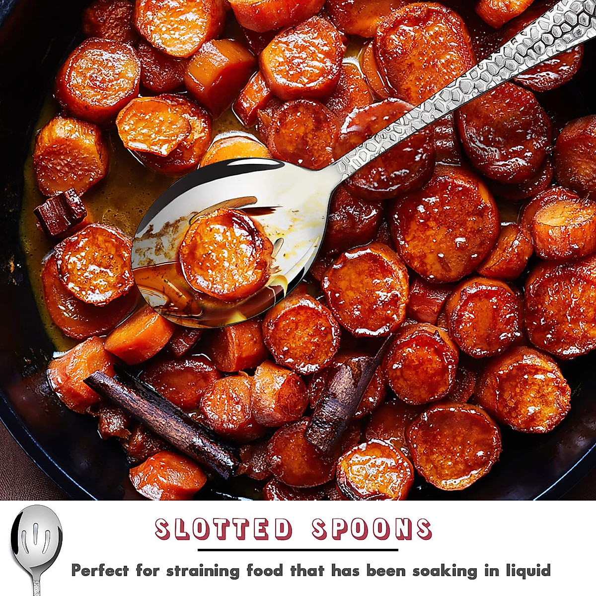 Hammered Serving Spoons, E-far 8-Piece Metal Serving Utensils Set - Solid Spoons x 4, Slotted Spoons x 4, Stainless Steel Hostess Serving Tablespoons Set for Catering Buffet Party Kitchen Restaurant