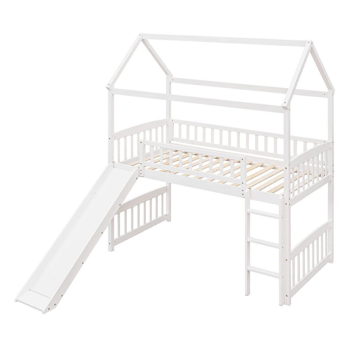 Twin Loft Bed with Slide, Wood House Loft Bed Twin with Slide and Safety Guardrail, Kids Twin Bedframe with Slide, House Loft Bed for Kids Teens Boys Girls, No Box Spring Needed (White, Twin)