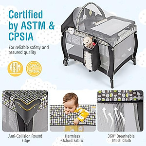 BABY JOY 4 in 1 Pack and Play, Portable Baby Playard with Bassinet, Adjustable Canopy, Changing Table, Lockable Wheels, Glowing Music Box, Travel Baby Crib Bassinet Bed from Newborn to Toddler Grey