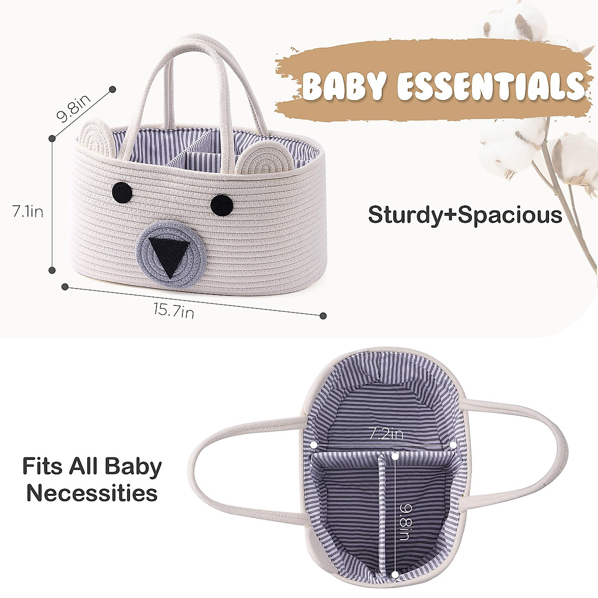 InfiBay Baby Diaper Caddy Organizer, Baby Nursery Storage with Removable Dividers and Sturdy Handles, Cute Bear Basket, Cotton Rope Baby Basket, Portable Diaper Storage Basket