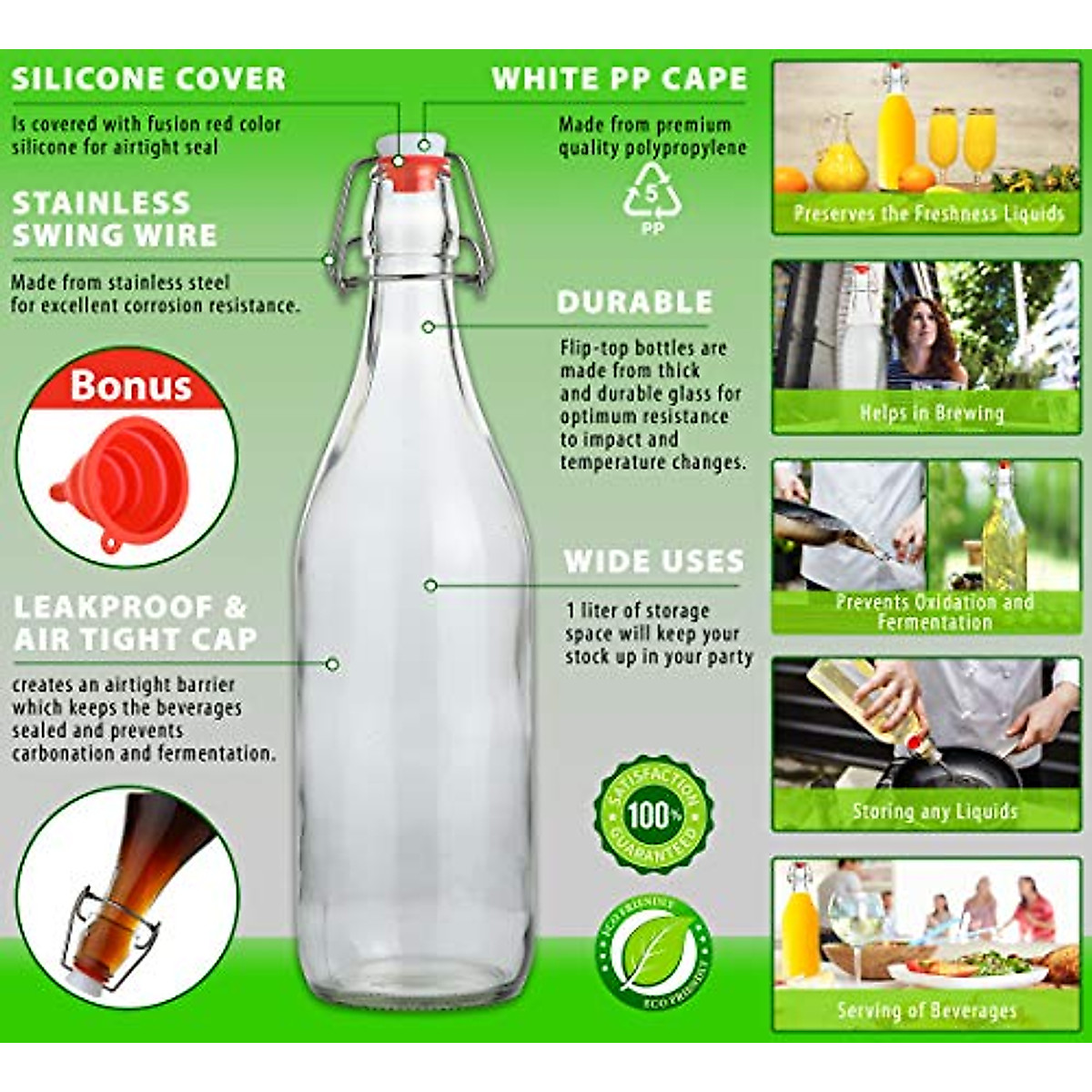 Flip Top Glass Bottle [1 Liter / 33 fl. oz.] [Pack of 6] – Swing Top Brewing Bottle with Stopper for Beverages, Oil, Vinegar, Kombucha, Beer, Water, Soda, Kefir – Airtight Lid & Leak Proof Cap – Clear