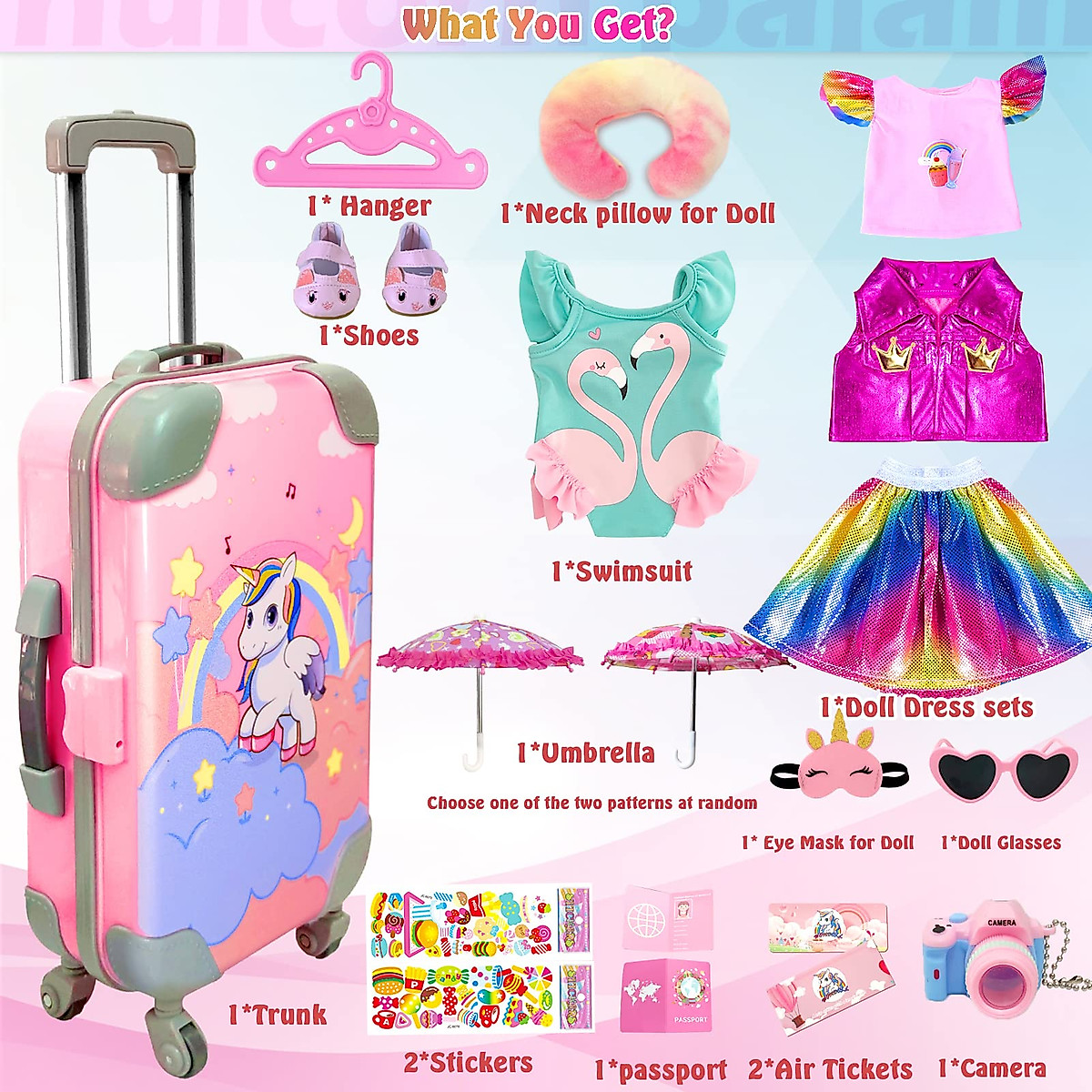 WONDOLL 18-inch-Doll-Clothes and Accessories - Doll-Travel-Suitcase Play Set Including Luggage, 2 Sets of Doll-Clothes and Shoes, Umbrella Sunglasses Camera Travel Pillow Blindfold Passport Tickets
