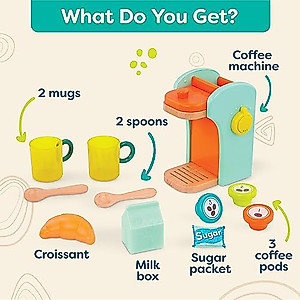 B. toys- Café au Play- Pretend Play Wooden Coffee Maker for Kids- Wooden Coffee Machine Set – 10 Pretend Play Accessories – Kitchen Play Set – 2 Years +