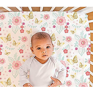 The Peanutshell Aflutter Crib Bedding Set for Baby Girls - 3 Piece Floral Nursery Set - Baby Blanket, Crib Sheet, Crib Skirt
