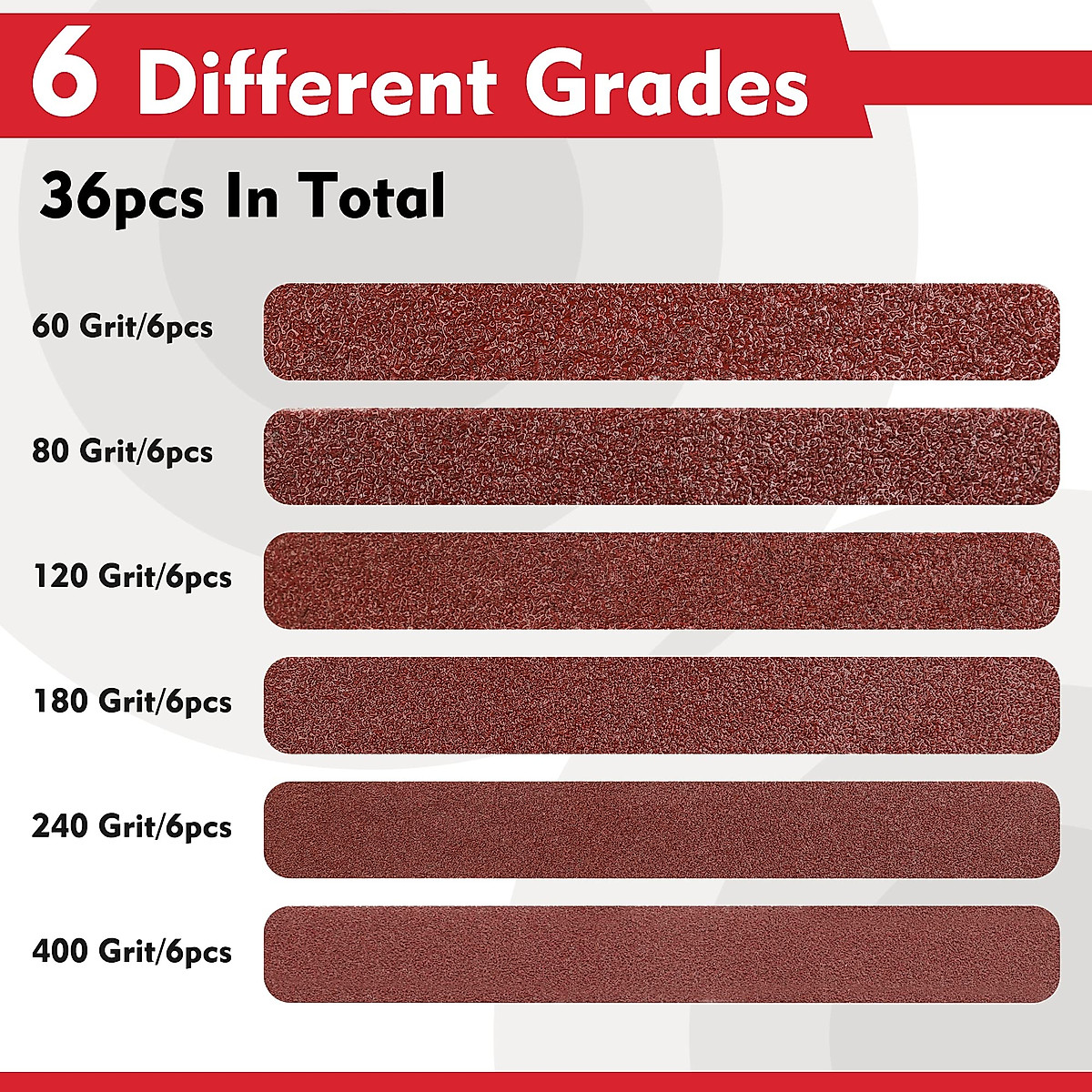 WORKPRO 36 Pack 1 x 30 Inch Sanding Belts, Sandpaper Kit, Aluminum Oxide Abrasive Belts, 6 PCS Each of 60/80/120/180/240/400 Grit, Belt Sander Tools for Woodworking, Metal Polishing, Knife Sharpening