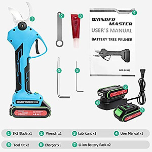 WONDER MASTER Cordless Pruner Professional Electric Pruning Shears Electric Pruner 2Pcs Backup Rechargeable 2Ah Lithium Battery Powered Tree Branch Pruner, 32mm (1.26 Inch) Cutting Diameter Blue