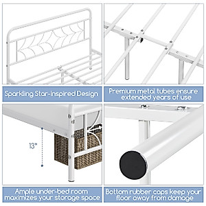 Topeakmart Queen Bed Frames Metal Platform Bed with Sparkling Star-Inspired Design Headboard and Footboard/13 Inch Underbed Storage/No Box Spring Needed/Sturdy Slat Support, White Queen Bed