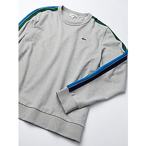 Lacoste Mens Long Sleeve Rainbow Sleeve Striped Crewneck Sweatshirt Silver Chine/Navy Blue-ut MD One Size
