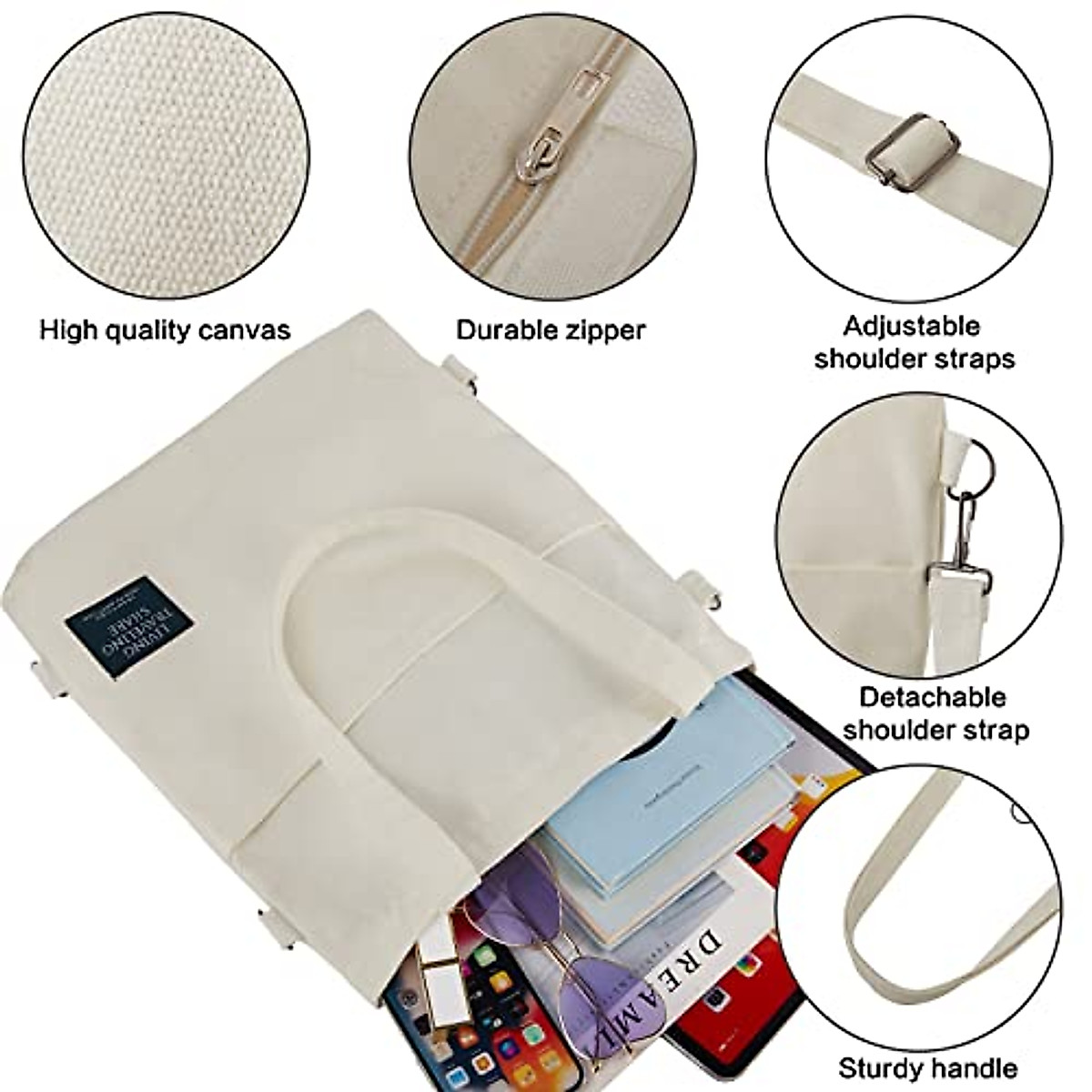 LOLAGIGI Canvas Shoulder Tote Bag for Women Adjustable Crossbody Handbag Casual Aesthetic Hobo Bag Utility Satchel Shoulder Backpack with Zipper Pocket, Suit for Girl Teens School Work Travel, Beige