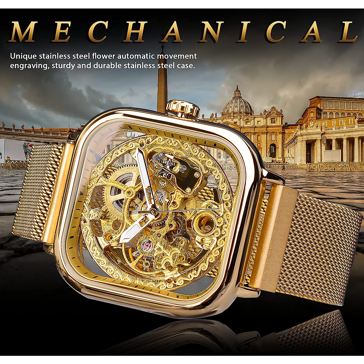 FORSINING Fashion Automatic Mechanical Wrist Watch Golden for Mens Waterproof Watches with Stainless Steel Skeleton Transparent Dial with Royal Flower Movement Carving