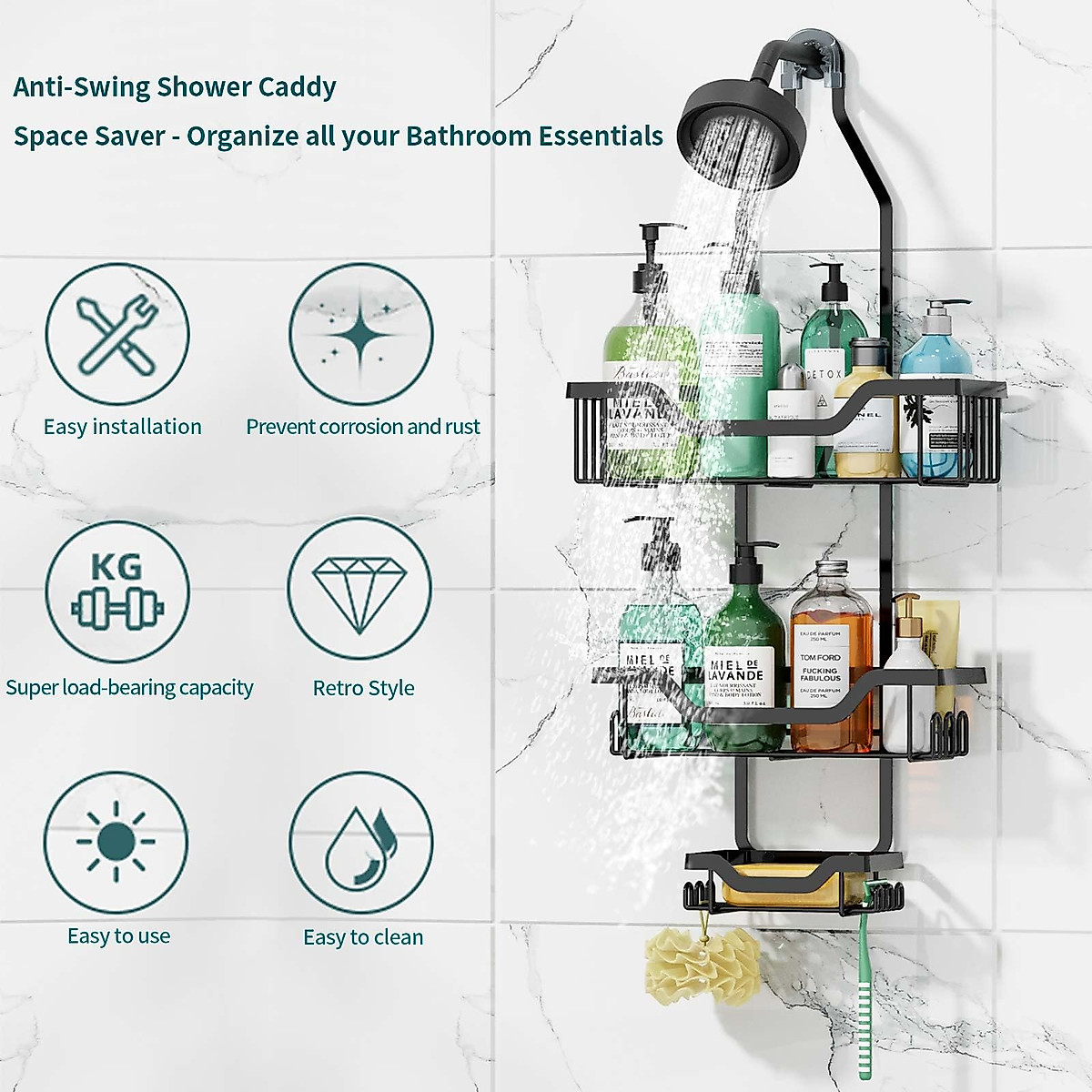 Singolas Shower Caddy Hanging, Over the Shower Head Caddy Organizer with 12 Hooks for Razor and Sponge, Anti-Swing, Rustproof Bathroom Organizers and Storage Hanging Shower Organizer Bathroom Shelves