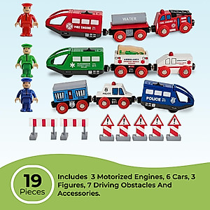 On Track USA Wooden Train Set for Toddlers Battery Operated Action Rescue Trains with 3 Magnetic Motorized Engines and 6 Cars, Compatible with Thomas, Brio, Melissa and Doug