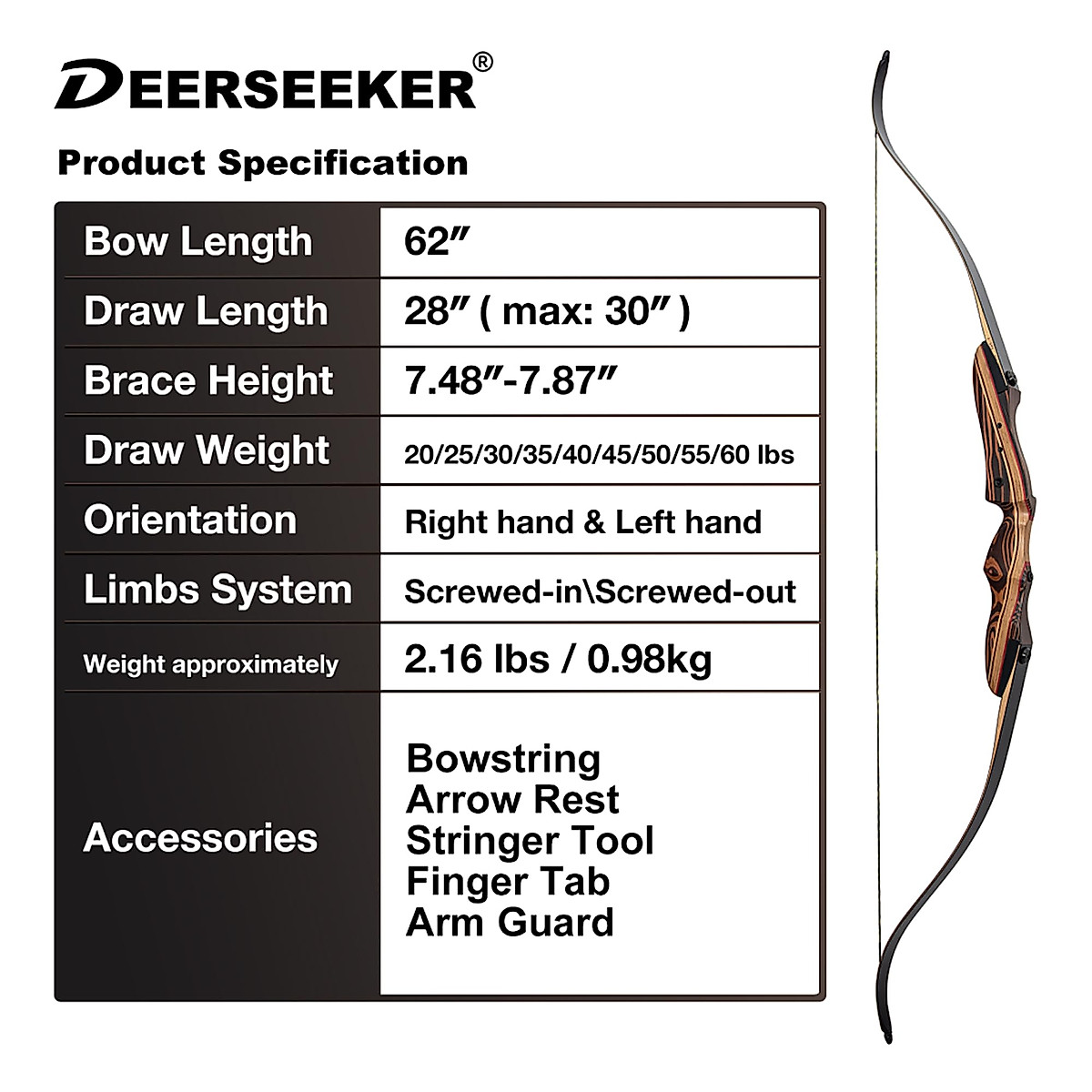 Deerseeker Archery 62" Takedown Recurve Bow Set for Adults & Youth with Right Hand & Left Handed Laminated Wooden Riser Bow Hunting Target Shooting 20-60lbs（RH 50lb）