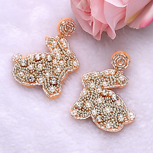 NVENF Zinc Beaded Easter Earrings for Women Easter Rabbit Bunny Dangle Earrings Sparkling Pearl Bead Drop Earrings Spring Holiday Jewelry Gifts (Silver)