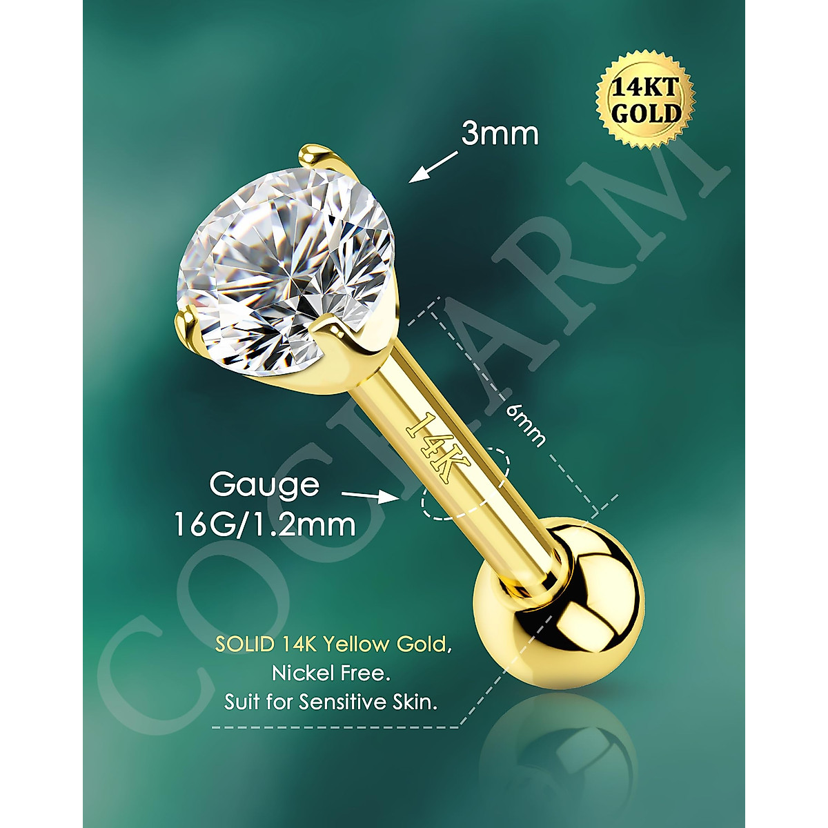 COCHARM 14K Solid Gold Cartilage Tragus Earring Stud 16g Yellow Gold Helix Stud Rings for Women 14KT Gold 6mm Length Piercing Stud