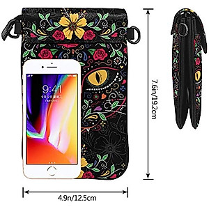 Day of the Dead Kitty Cat Sugar Skull Women Soft PU Leather Cellphone Purse Wallet Handbag Small Crossbody Shoulder Bag
